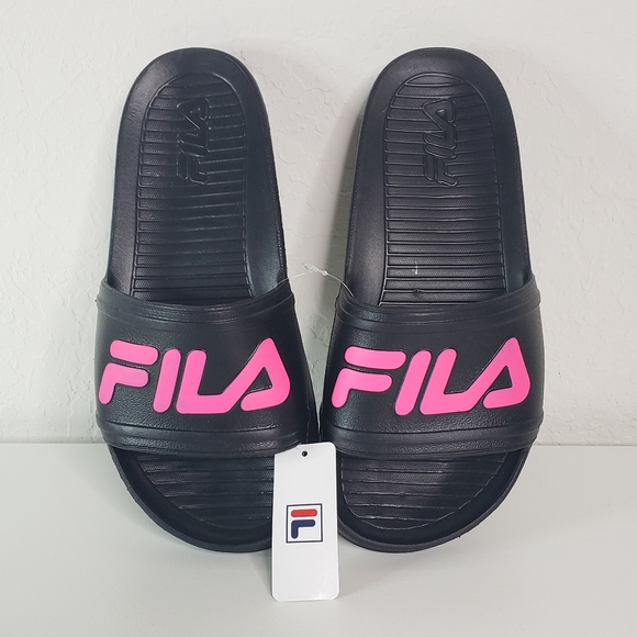Fila | Shoes | New Fila Logo Slides Black Pink | Poshmark